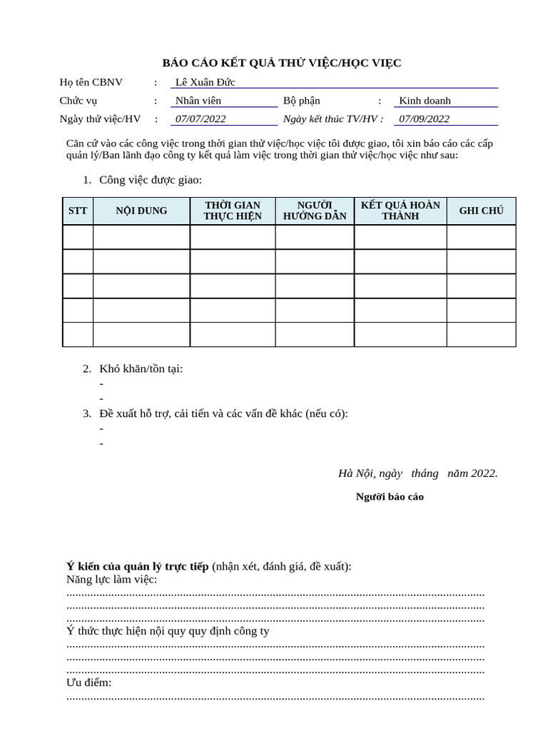 BM04 Danh Gia Ket Qua Hoc Viec - Thu Viec 2022 - Form | PDF