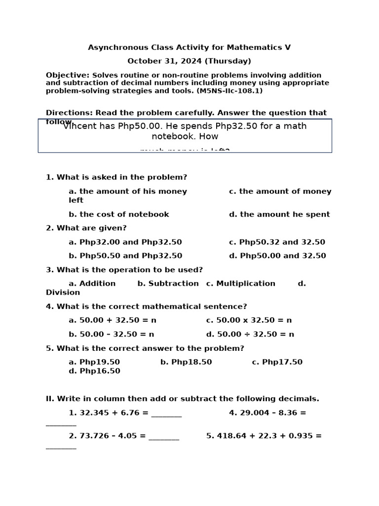 Asynchronous Math Activity: Decimals | PDF