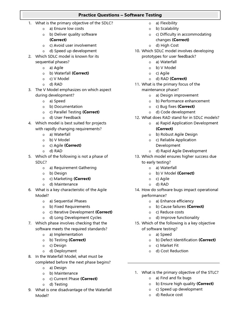 SDLC and Testing Model Quiz Questions | PDF | Software Testing ...