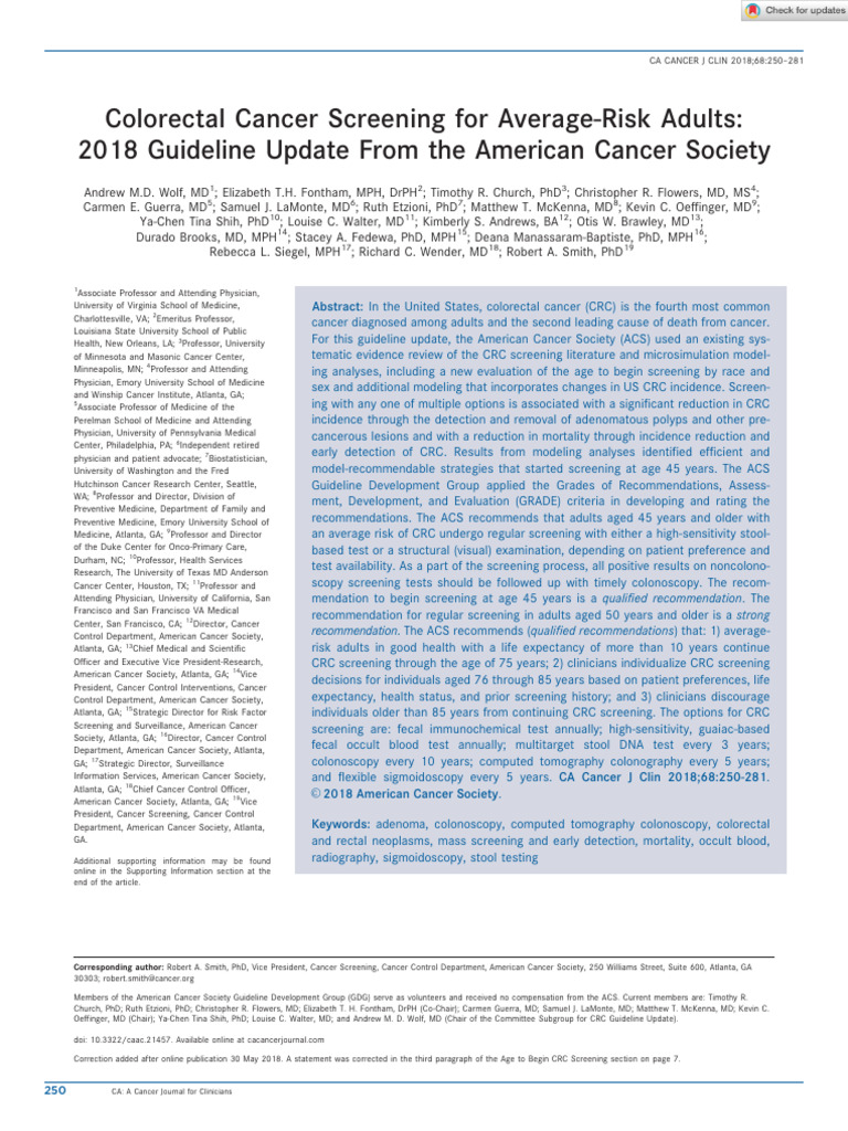 CA A Cancer J Clinicians - 2018 - Wolf - Colorectal Cancer Screening For Average Risk Adults ...