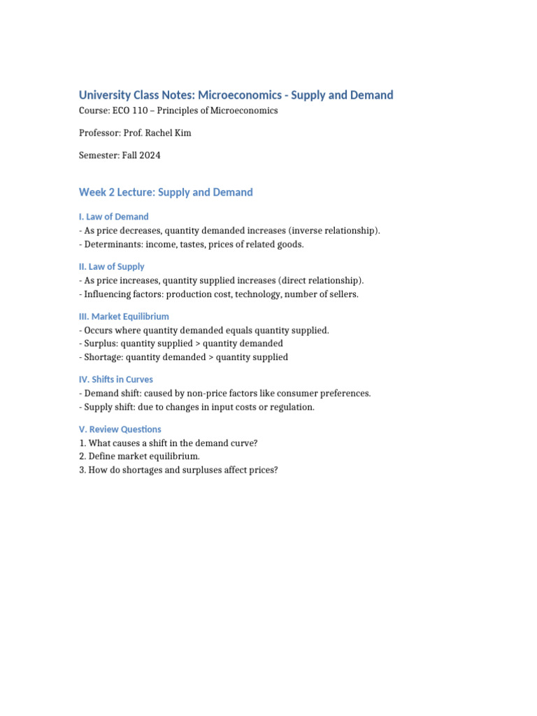 University Class Notes Microeconomics - Supply and Demand | PDF