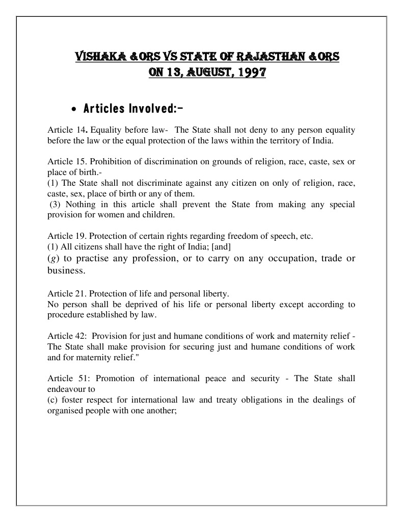 Vishaka Guidelines for Gender Equality | PDF | Sexual Harassment ...