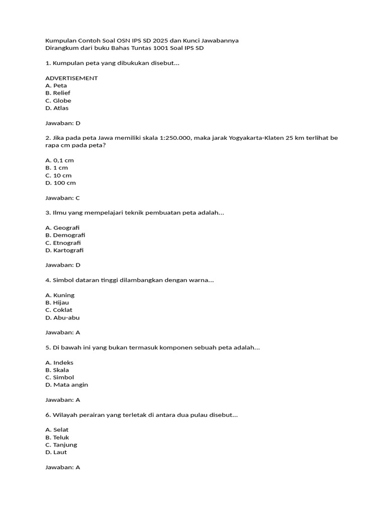 Kumpulan Contoh Soal OSN IPS SD 2025 Dan Kunci Jawabannya | PDF