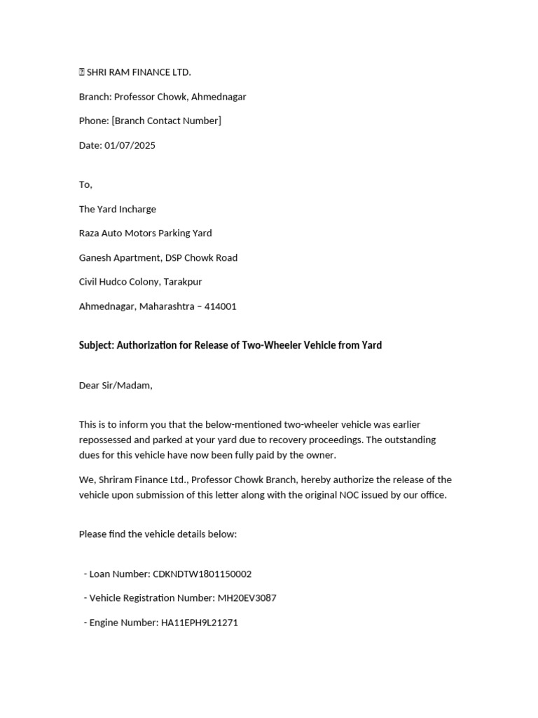 Two Wheeler Release Letter Shriram Finance Stamp Only | PDF