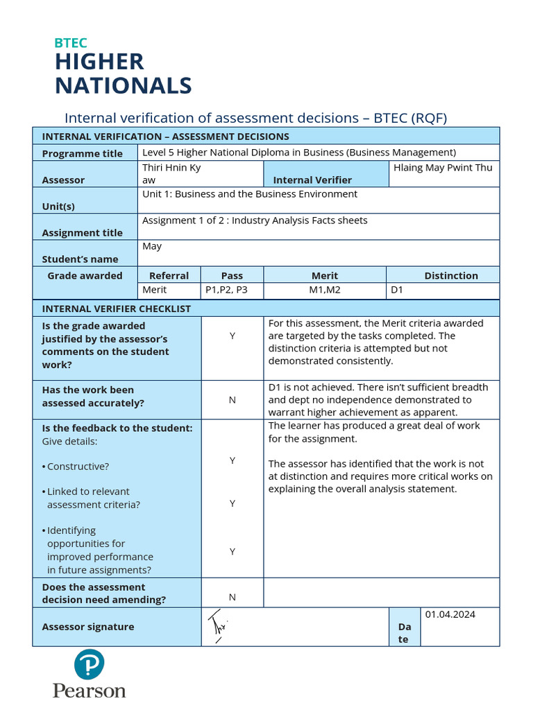 T SAMPLE Btec HN Internal Verification of Assessment Decisions 1 | PDF