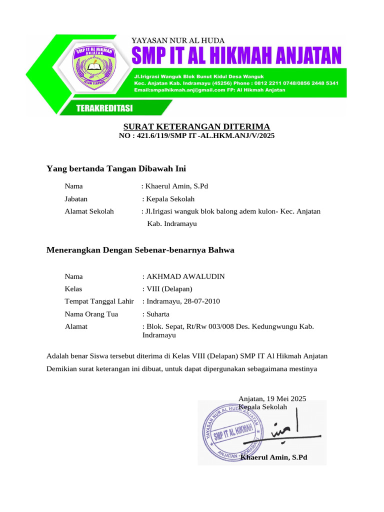 Surat Keterangan Diterima SMP | PDF