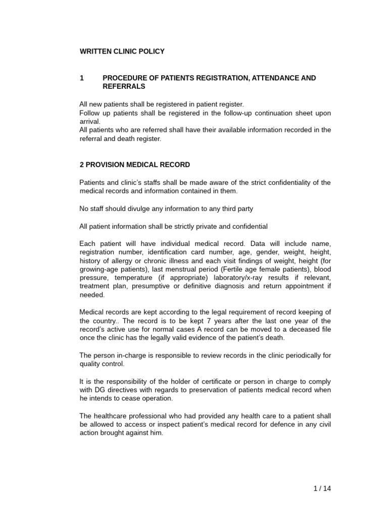 Sample of Clinic Policy and Chart | PDF | Refrigerator | Medical Record