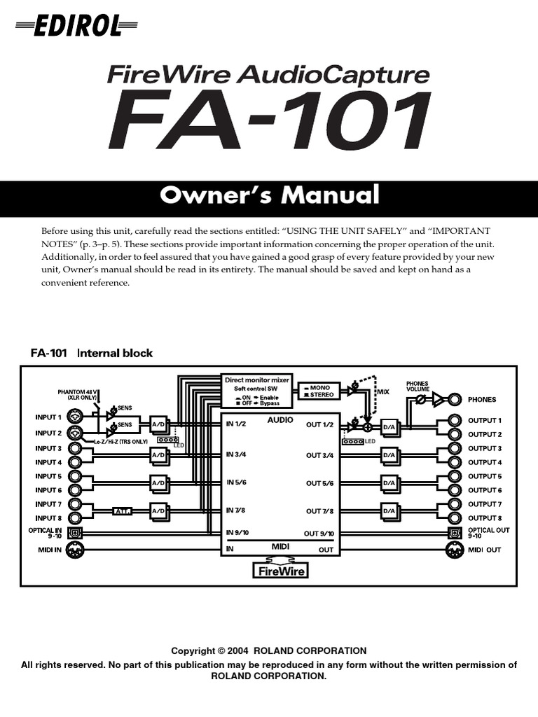 Edirol FA-101 FireWire AudioCapture - Owner's Manual | PDF | Electromagnetic Interference ...