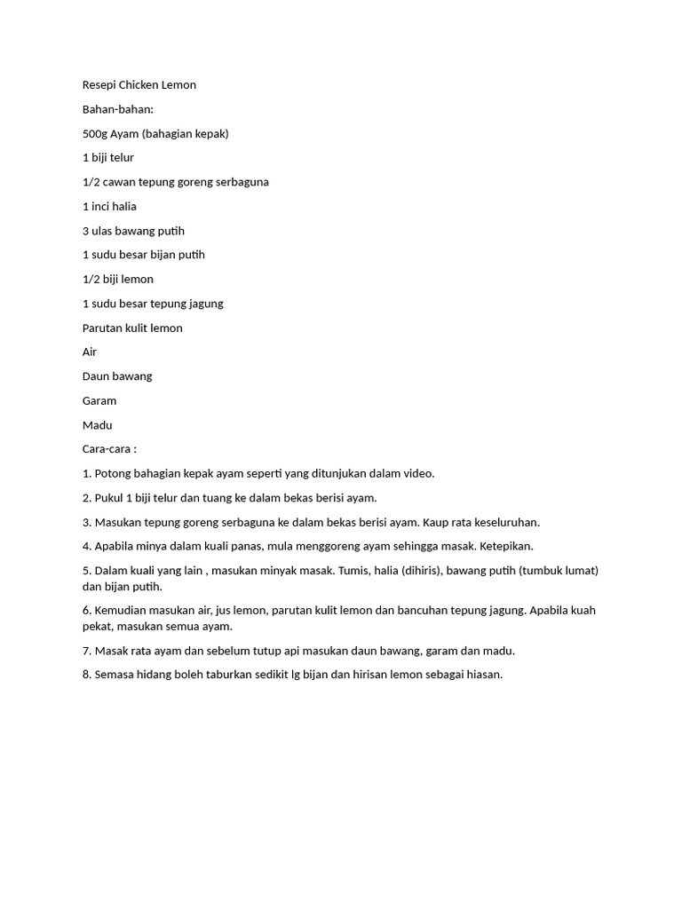 Resepi Chicken Lemon | PDF