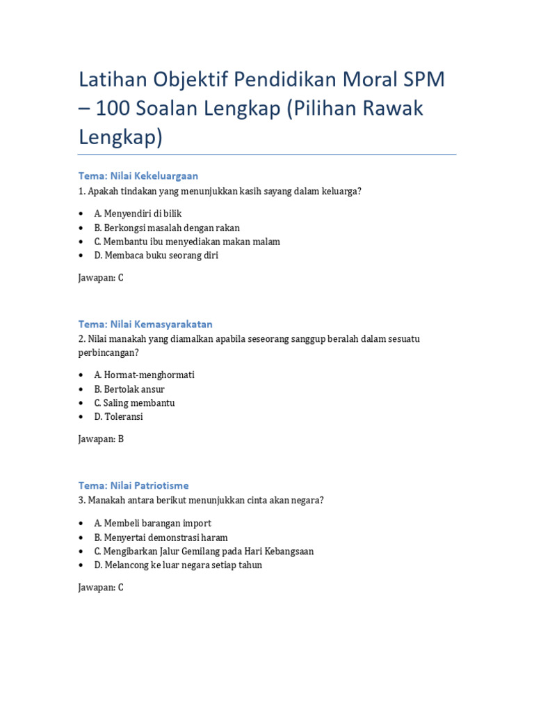 Latihan Objektif Pendidikan Moral SPM 100soalan Lengkap | PDF