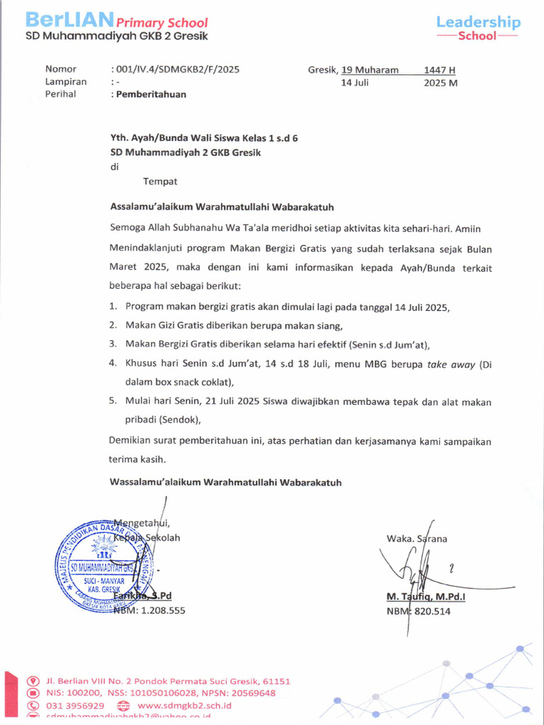 Surat Pemberitahuan Pembagian MBG | PDF