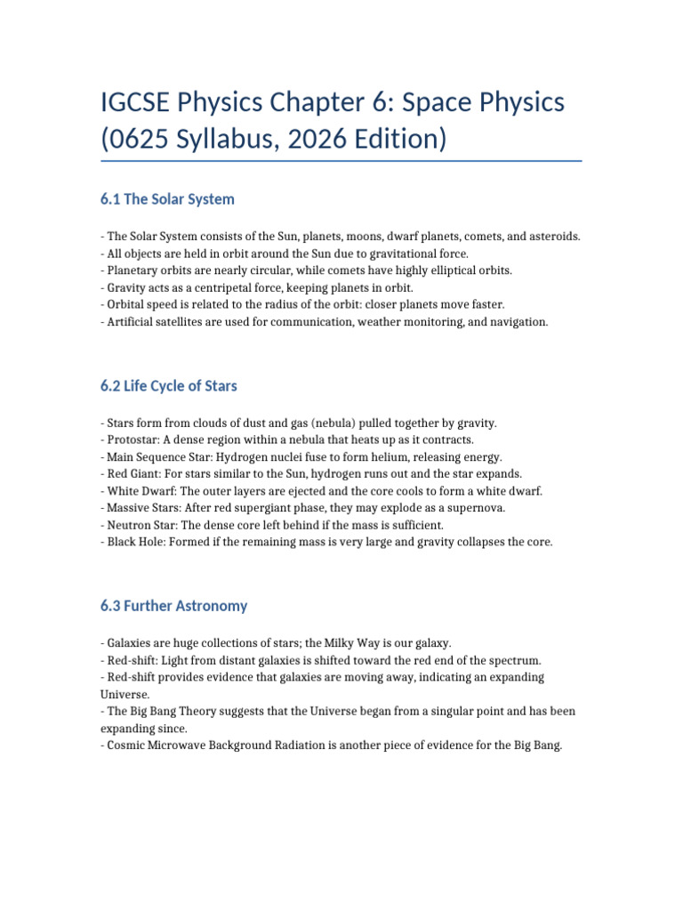 IGCSE Physics Chapter 6 Notes 2026 | PDF | Stars | Sun