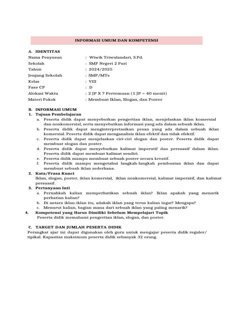 Modul Ajar Bahasa Indonesia - Bab 2 Membuat Iklan, Slogan, Dan Poster - Fase D | PDF