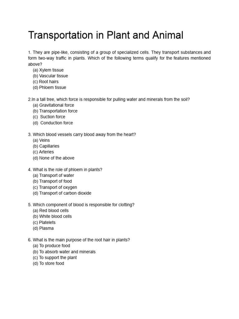 Class - 7th - Science - Transportation in Plant & Animal - Questions ...
