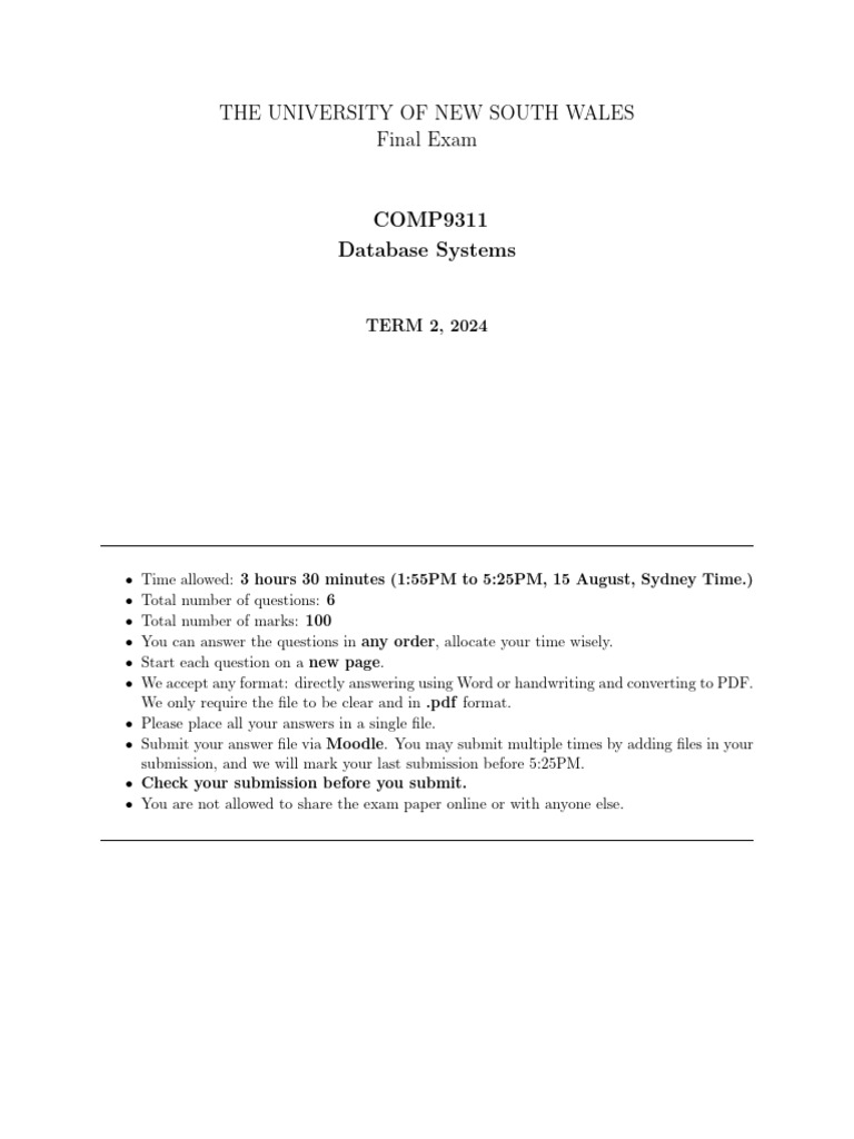 24T2 COMP9311 Final Exam | PDF | Databases | Information Technology Management