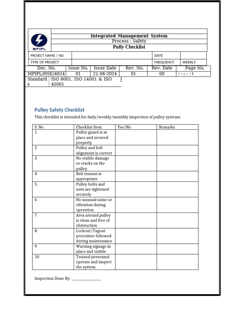 Pulley Safety Inspection Checklist | PDF