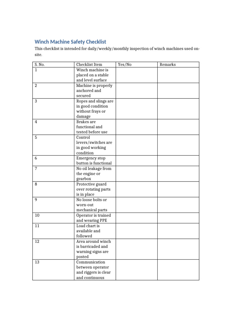 Winch Machine Safety Inspection Checklist | PDF