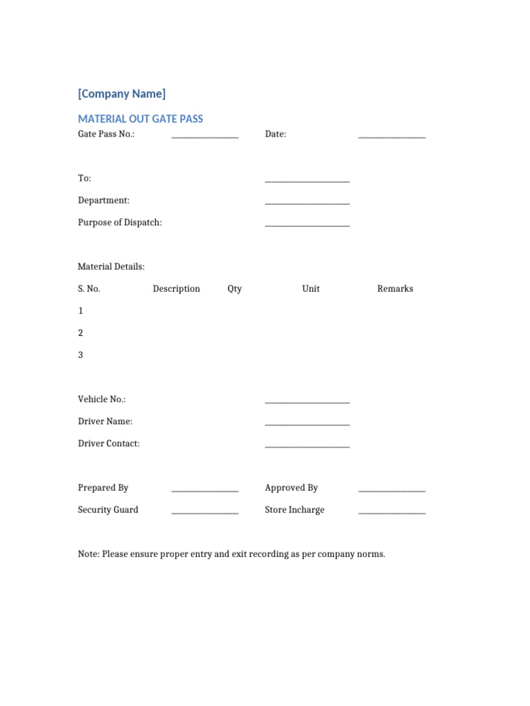 Material Out Gate Pass Format2 | PDF