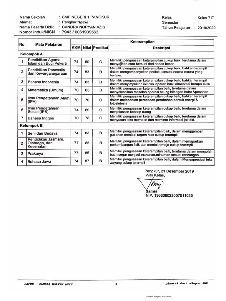 Scan Rapot Semester 1-5 | PDF