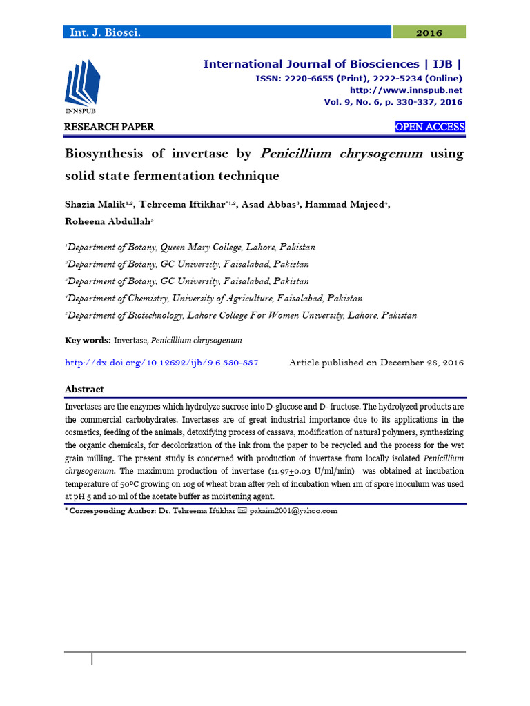 Biosynthesis of Invertase by Penicillium Chrysogenum Using Solid State ...