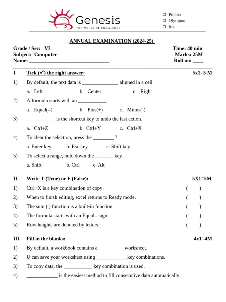 Grade VI Computer Exam 2024-25 | PDF | Keyboard Shortcut