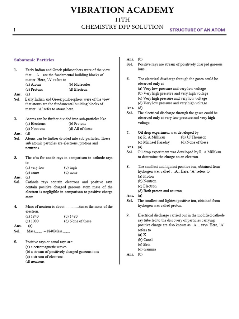 11TH Chem DPP Solution | PDF | Atoms | Photoelectric Effect