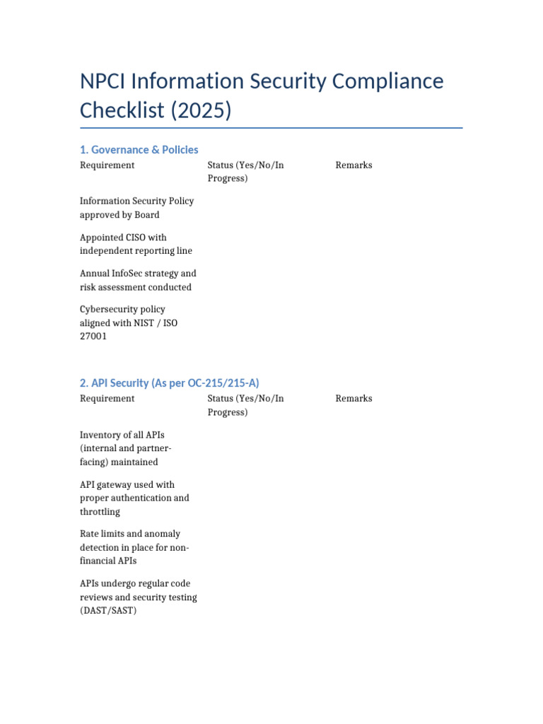 NPCI InfoSec Compliance Checklist 2025 | PDF | Information Security ...