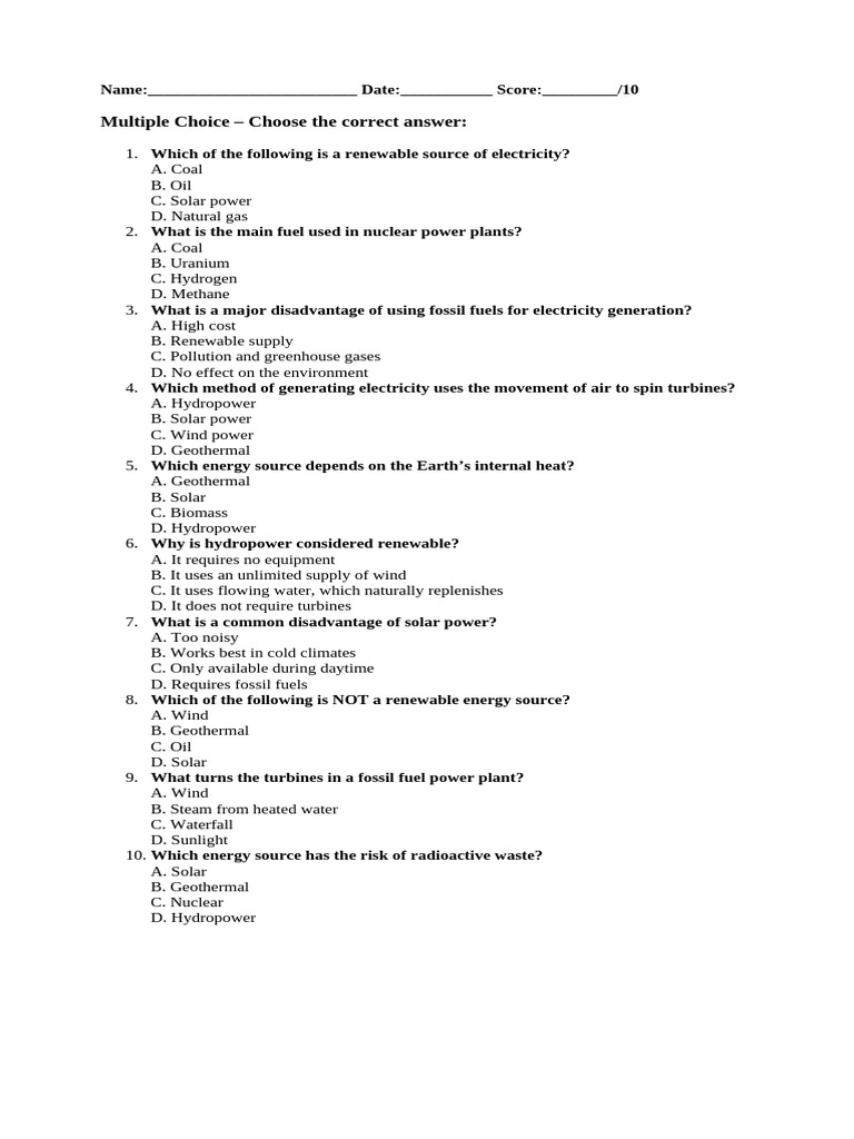 Renewable Energy Quiz Questions | PDF