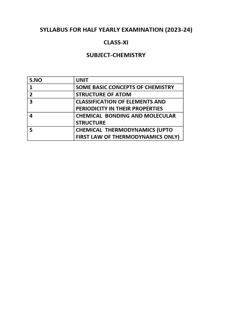 Chem-Syllabus For Half Yearly Examination - Docx Xi | PDF