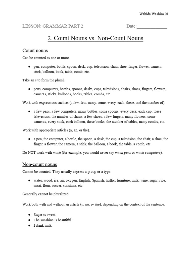 LESSON - GRAMMAR - P2 - Count Nouns vs. Non-Count Nouns | PDF | Noun ...