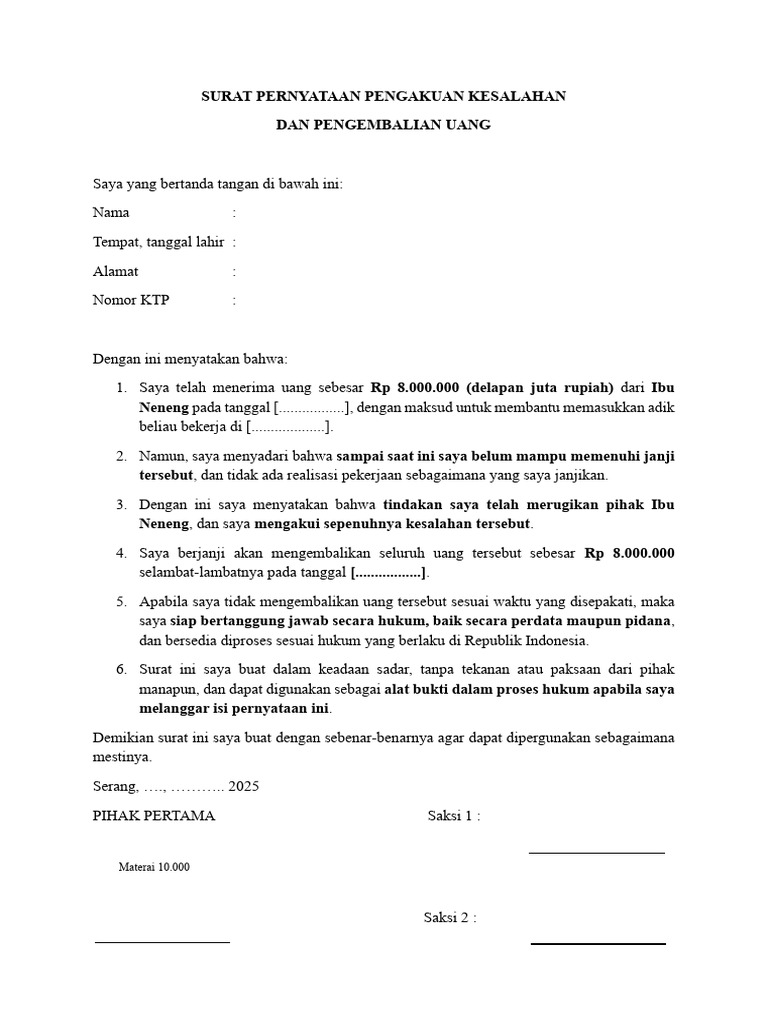 Surat Pernyataan Pengakuan Kesalahan | PDF
