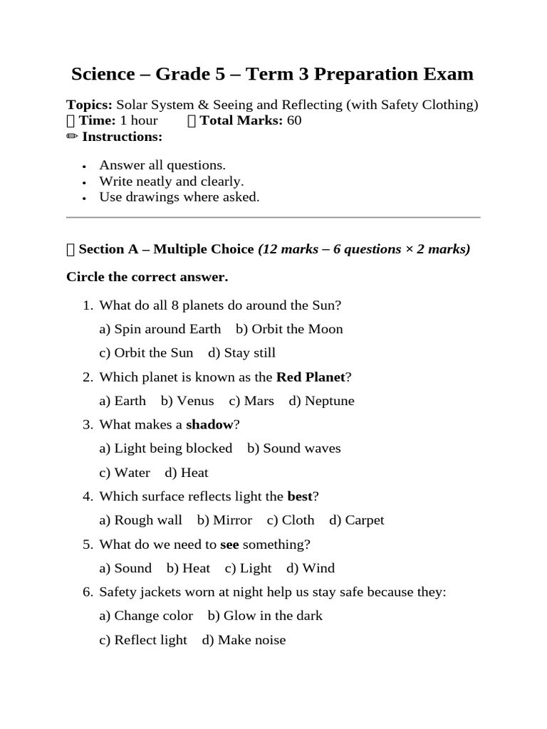 Grade 5 Science - Exam Preparation | PDF | Planets | Solar System