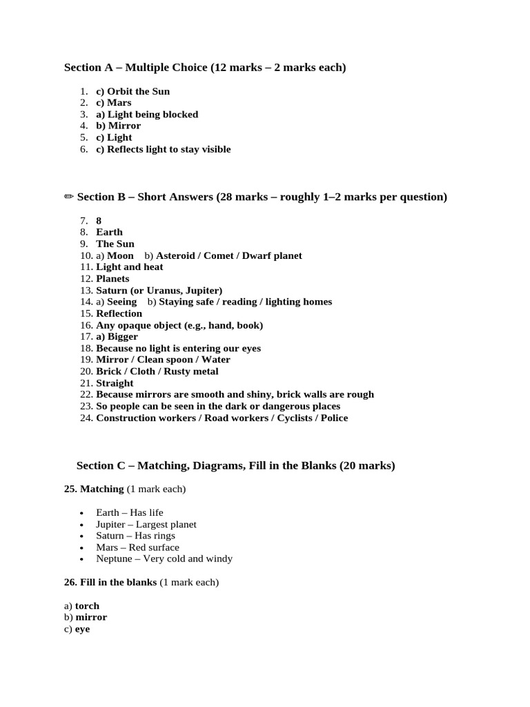 Grade 5 Science - Exam Preparation - Marking Scheme | PDF