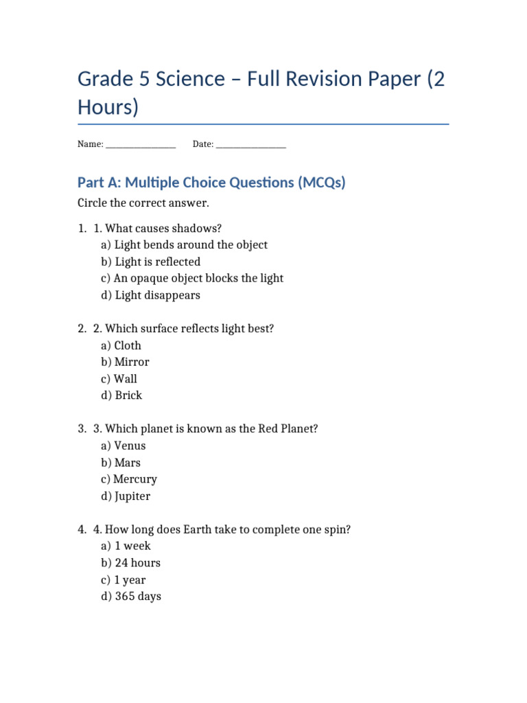 Grade 5 Science Revision Paper | PDF | Planets In Astrology | Venus