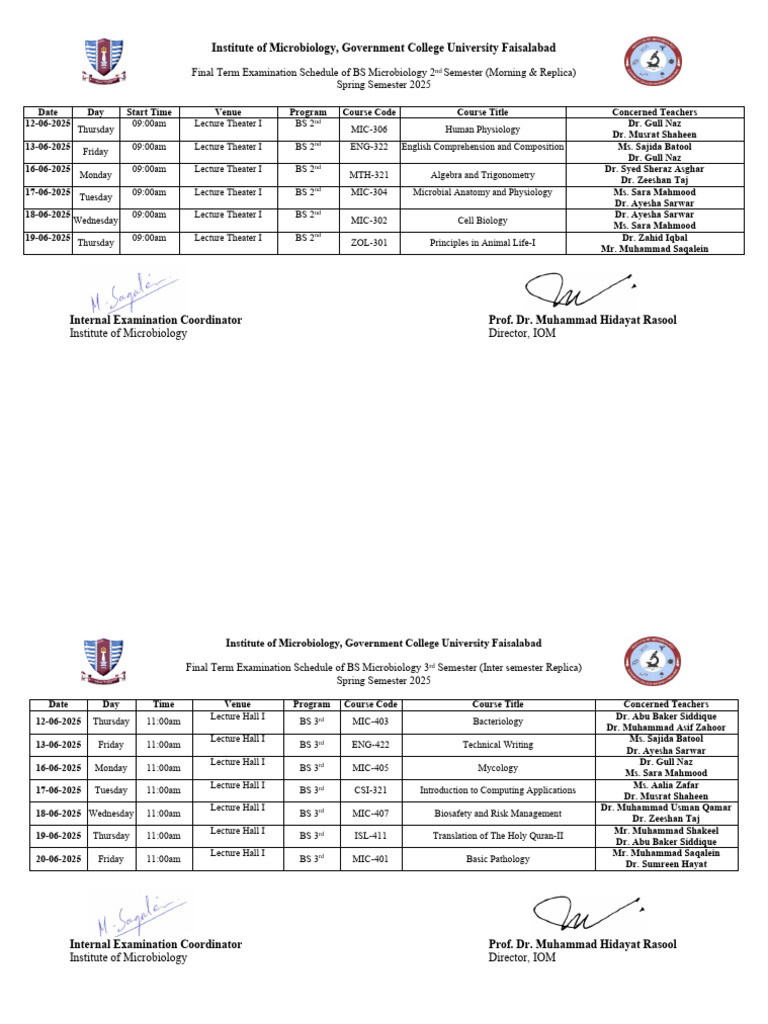Final Term Exam Schedule and Seating Plan For BS, MPhil, PHD Microbiology (Spring | PDF ...