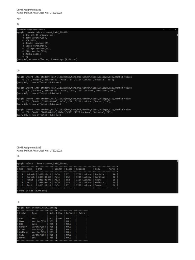 Lit2021022 - MD Kaif Ansari - Dbms Lab3 | PDF
