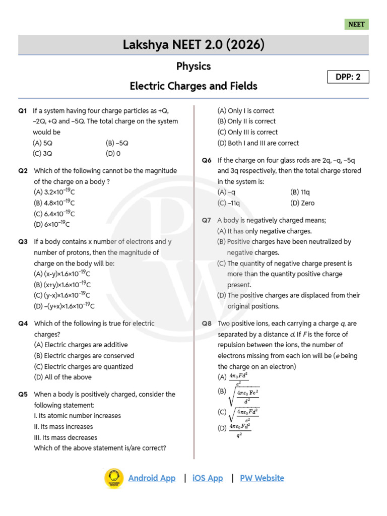 Electric Charges and Fields - DPP 02 (Of Lec 05) - Lakshya NEET 2.0 2026 | PDF | Electric Charge ...