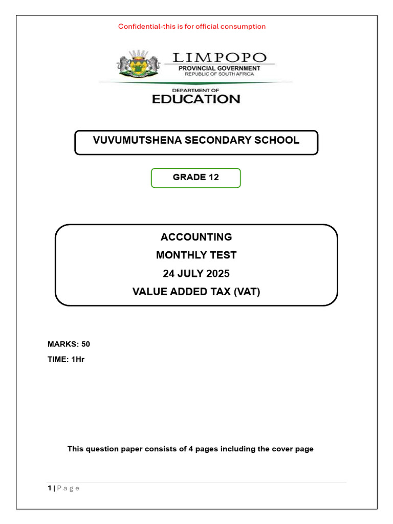 Grade 12 Accounting VAT Test Paper | PDF | Value Added Tax | Taxes