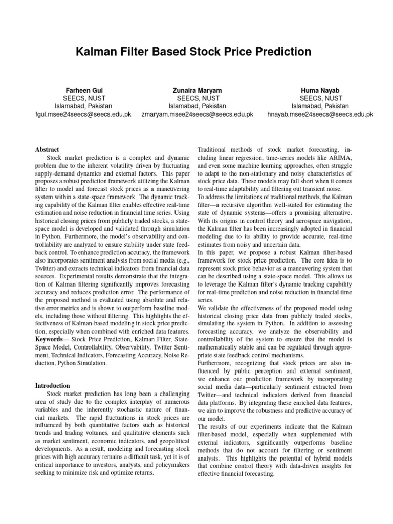 Kalman Filter Based Stock Price Prediction | PDF | Kalman Filter | Mean ...