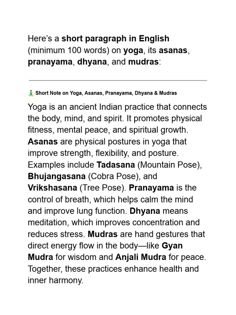 Short Note On Yoga, Asanas, Pranayama, Dhyana & Mudras | PDF