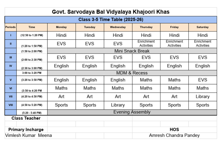 Class 3-5 Time Table 2025-26 | PDF