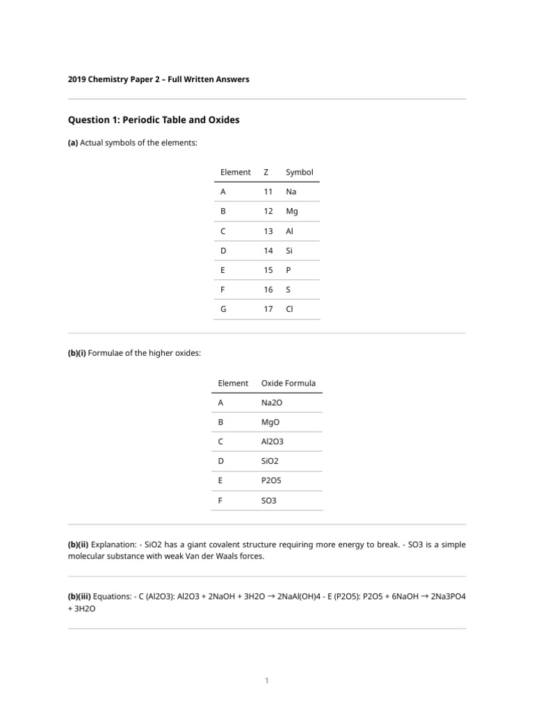 2019 Chemistry Paper 2 Answers | PDF | Catalysis | Chlorine