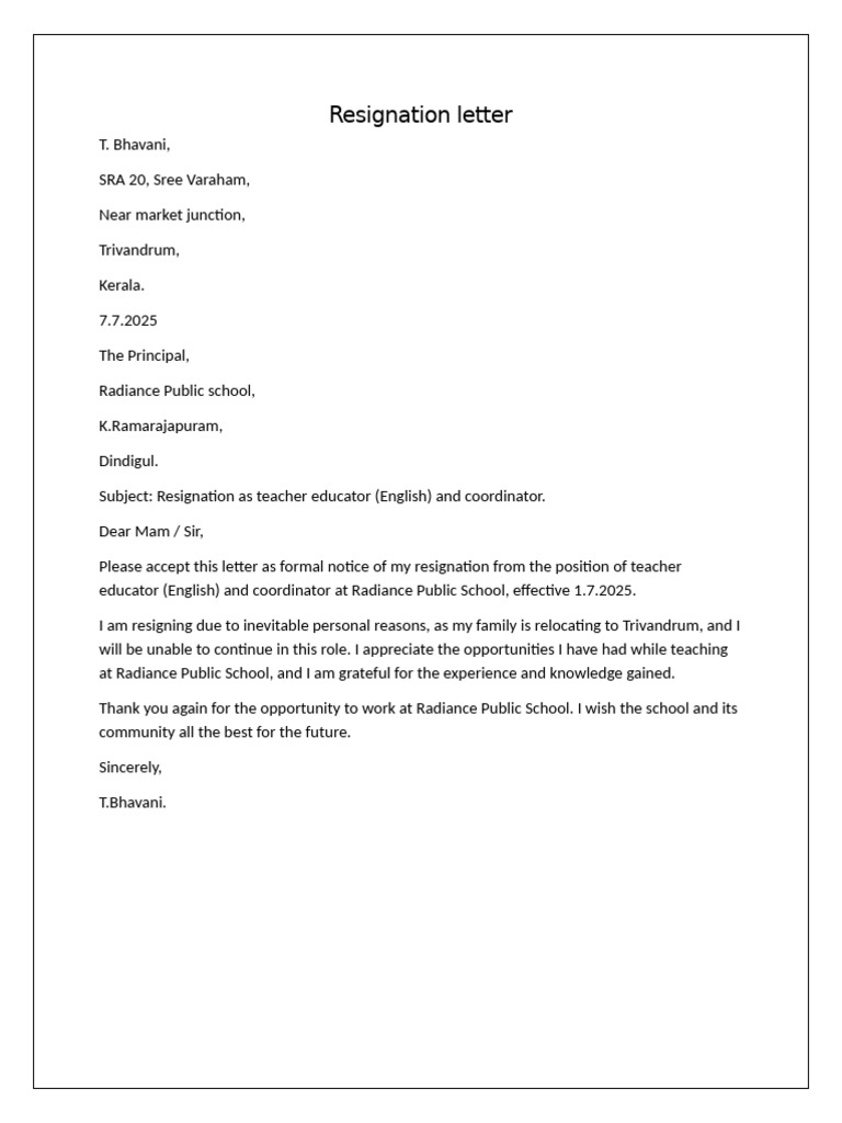 Bhavani Resignation Letter | PDF