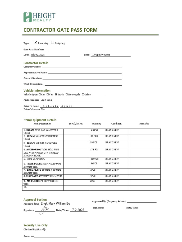 Contractor Gate Pass Form Template | PDF