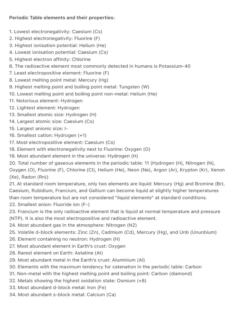 Periodic Table Elements and Their Properties | PDF | Chemical Elements ...