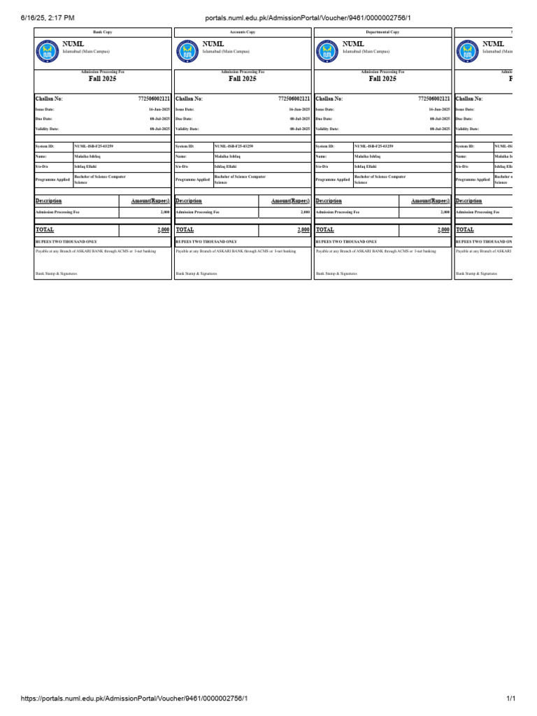 NUML Admission Fee Challan 2025 | PDF