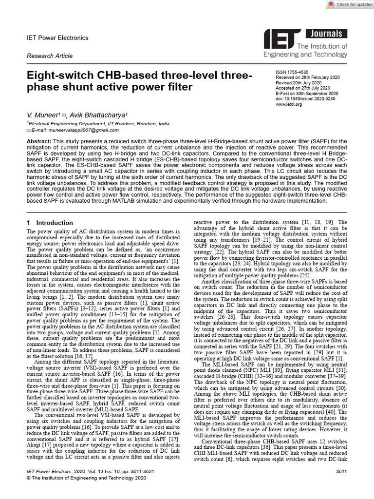 IET Power Electronics - 2020 - Muneer - Eight Switch CHB Based Three Level Three Phase Shunt ...