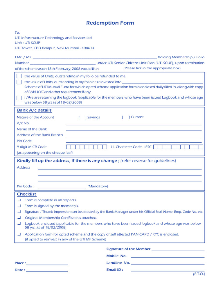 UTI Senior Citizens Fund Redemption Form | PDF | Identity Document ...