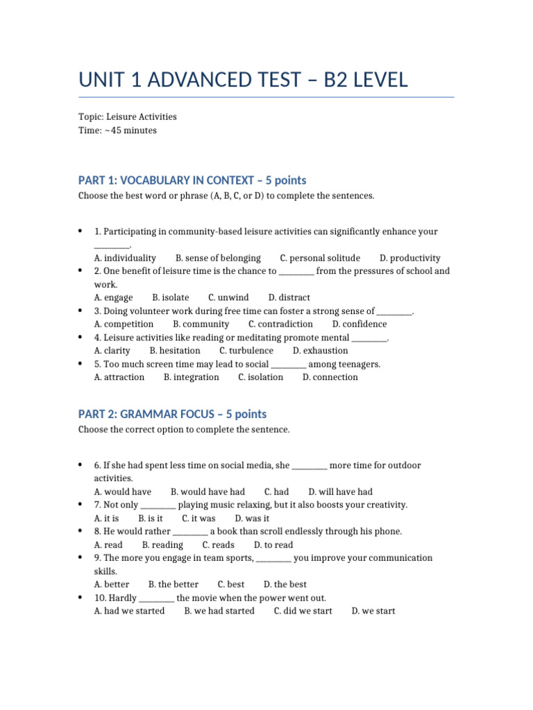 B2 Level Advanced Test on Leisure Activities | PDF | Human ...