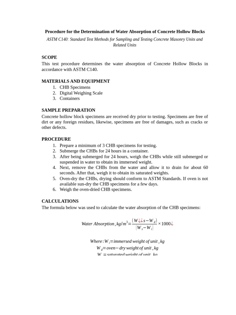 22 Water Absorption of CHB - Procedure | PDF